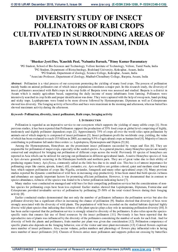 (PDF) DIVERSITY STUDY OF INSECT POLLINATORS OF RABI CROPS CULTIVATED IN ...