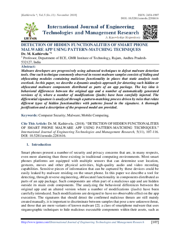 Pdf Detection Of Hidden Functionalities Of Smart Phone Malware App
