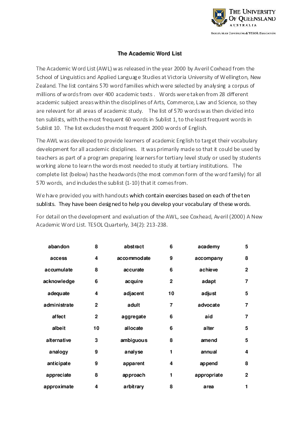 University Word List