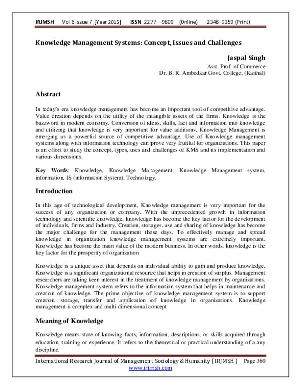 (PDF) Knowledge Management Systems: Concept, Issues and Challenges