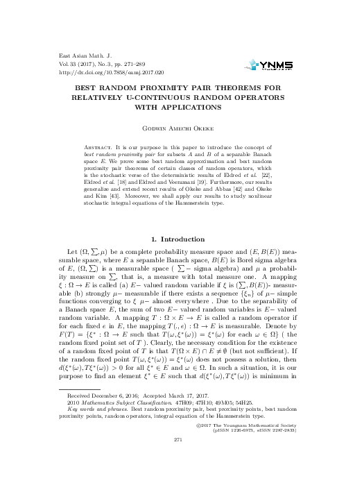 (PDF) BEST RANDOM PROXIMITY PAIR THEOREMS FOR RELATIVELY U-CONTINUOUS RANDOM OPERATORS WITH ...