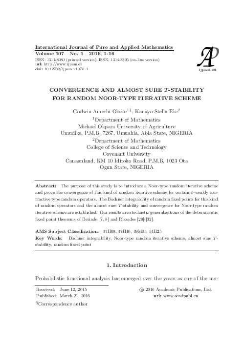 (PDF) CONVERGENCE AND ALMOST SURE T -STABILITY FOR RANDOM NOOR-TYPE ITERATIVE SCHEME