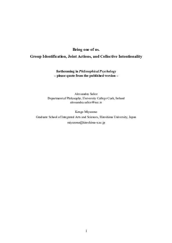 (PDF) Being one of us. Group Identification, Joint Actions, and ...