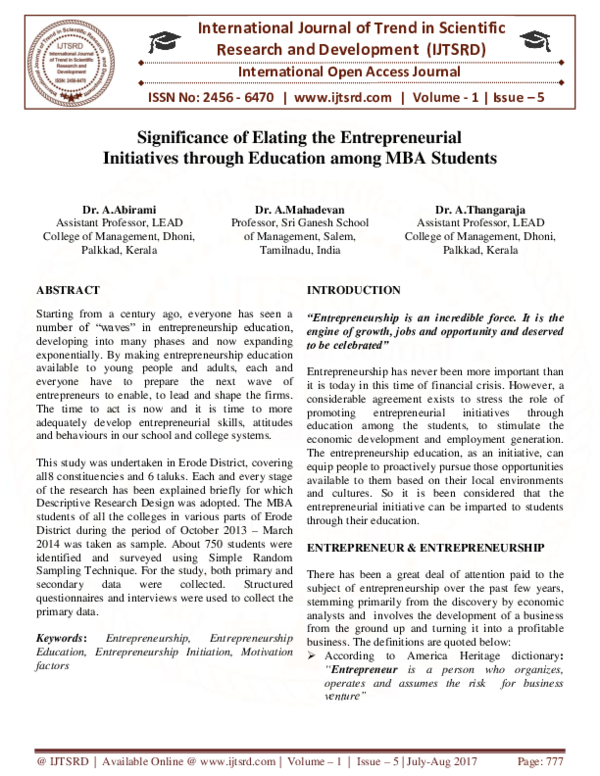 (PDF) Significance of Elating the Entrepreneurial Initiatives through ...