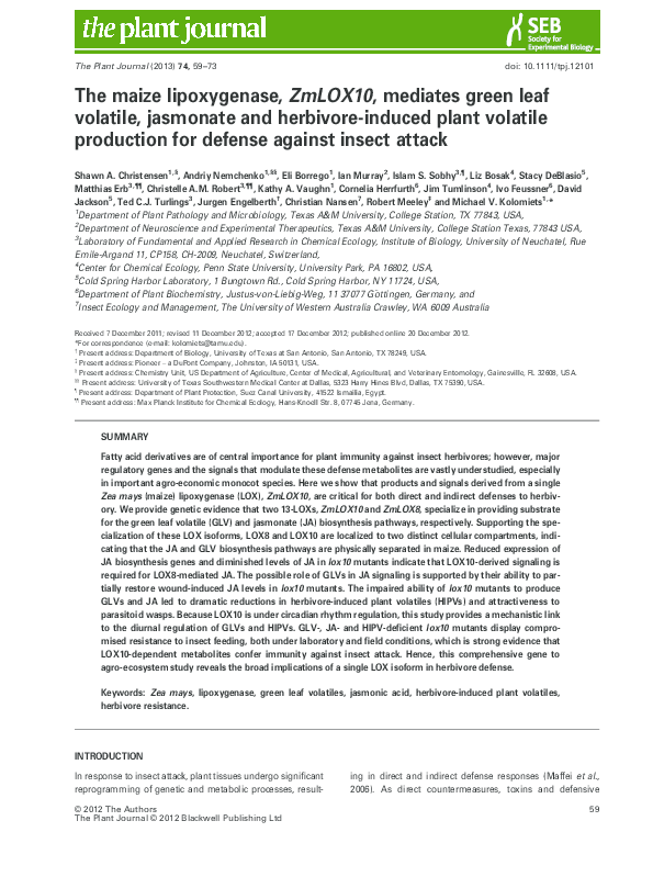 (PDF) The maize lipoxygenase, ZmLOX10, mediates green leaf volatile ...