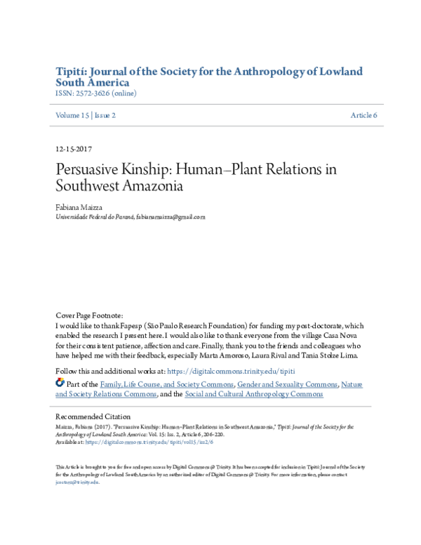 (PDF) Persuasive Kinship: Human-Plant relations in Southwest Amazonia