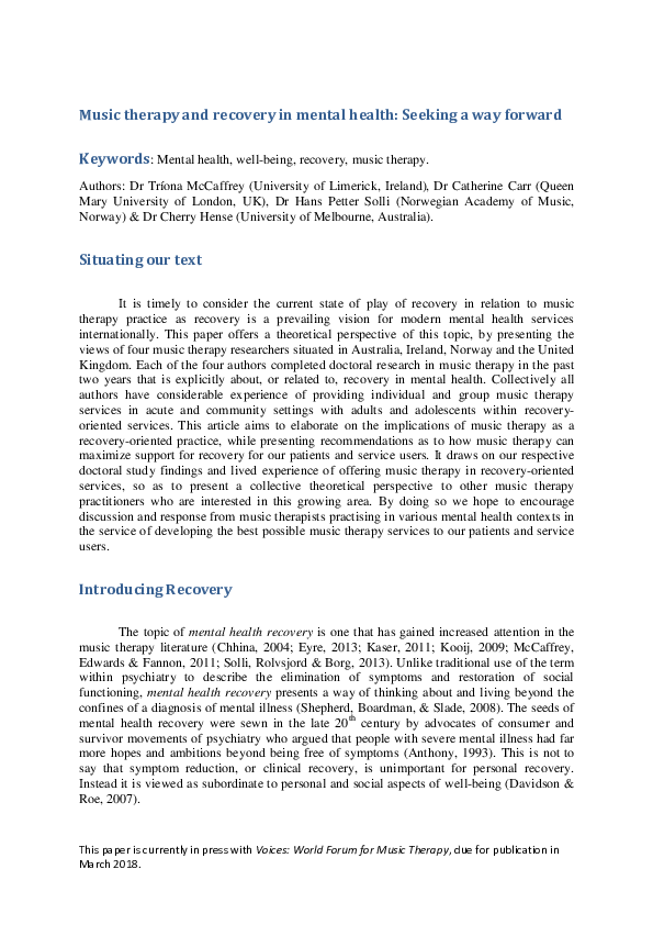 (PDF) Music therapy and recovery in mental health: Seeking a way ...