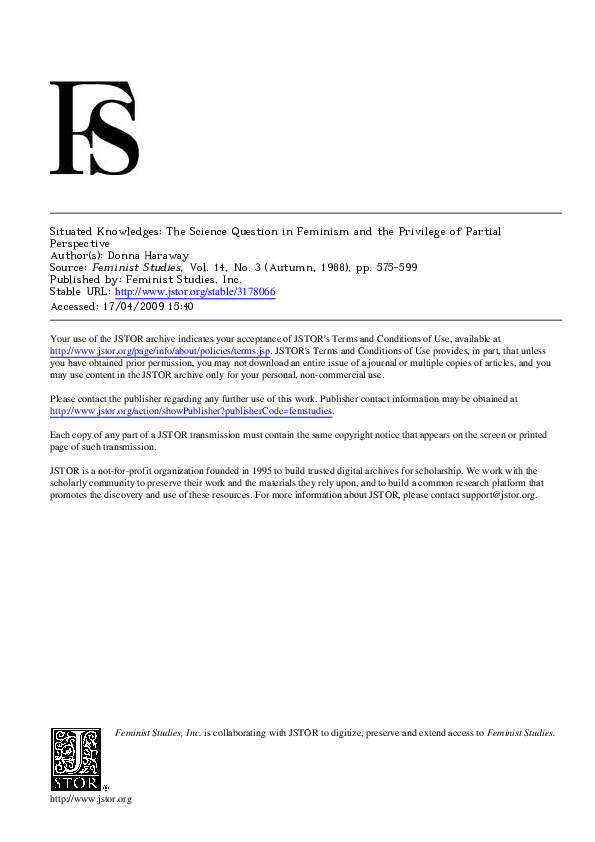 (PDF) Situated Knowledges: The Science Question in Feminism and the ...