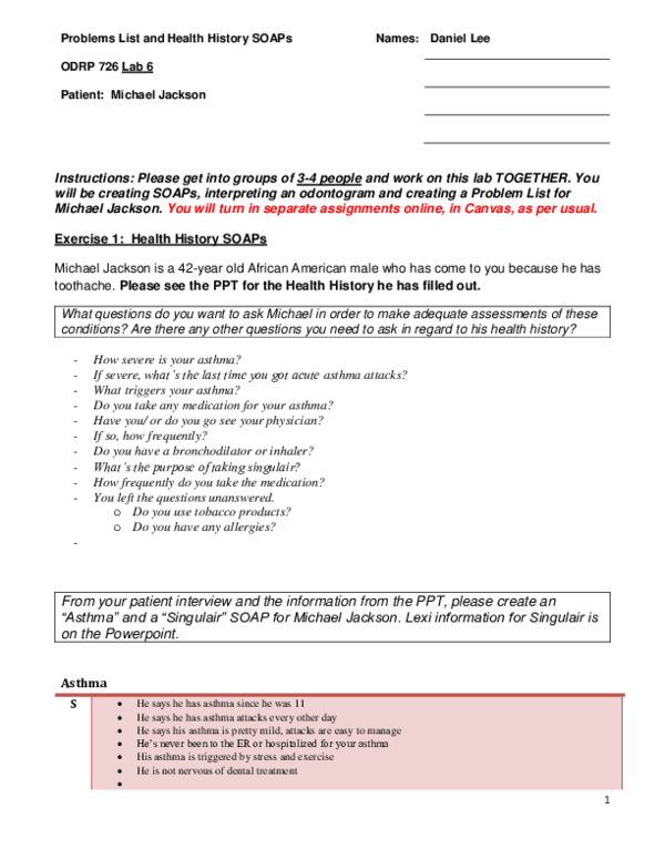 (DOC) Problems List and Health History SOAPs Names: Daniel Lee ODRP 726 ...