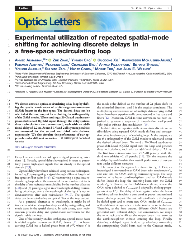 Pdf Experimental Utilization Of Repeated Spatial Mode Shifting For