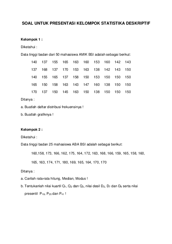 (DOC) SOAL UNTUK PRESENTASI KELOMPOK STATISTIKA DESKRIPTIF