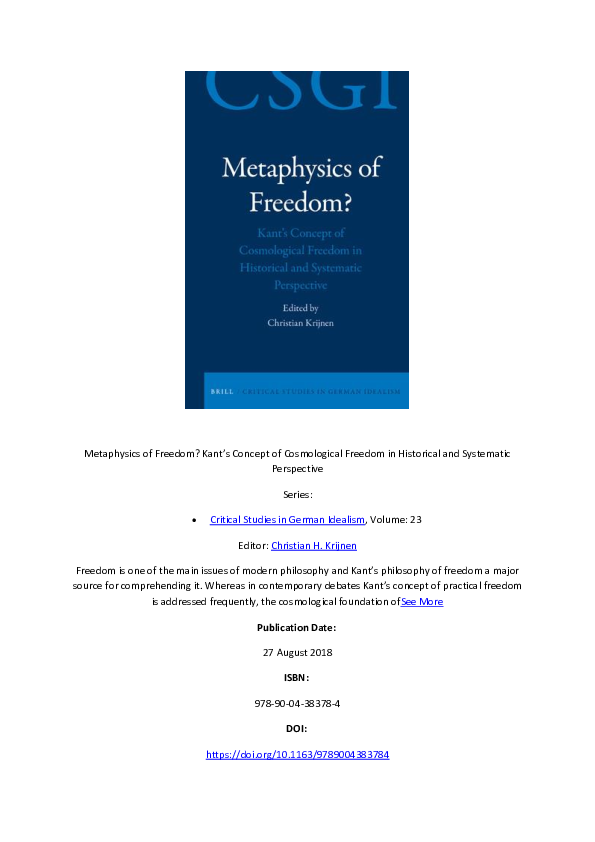 (PDF) Metaphysics of Freedom? Kant's Concept of Cosmological Freedom in ...