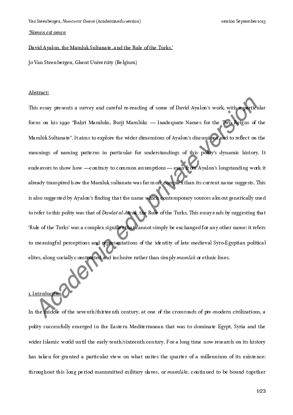 (PDF) "‘Nomen Est Omen. David Ayalon, the Mamluk Sultanate, and the ...