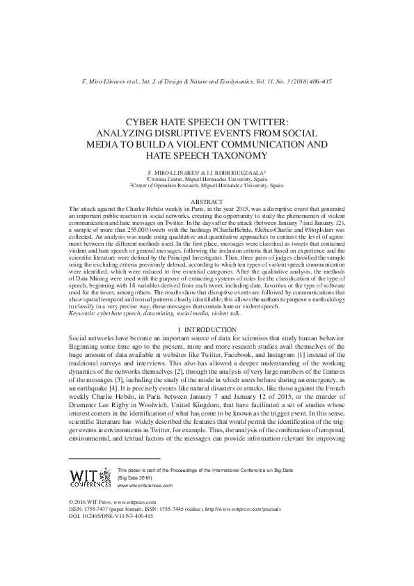 (PDF) CYBER HATE SPEECH ON TWITTER: ANALYZING DISRUPTIVE EVENTS FROM SOCIAL MEDIA TO BUILD A ...