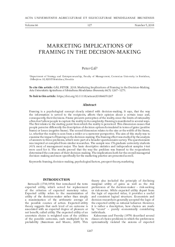(PDF) MARKETING IMPLICATIONS OF FRAMING IN THE DECISION-MAKING