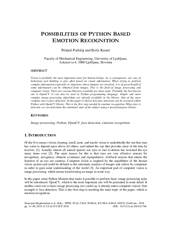 (PDF) POSSIBILITIES OF PYTHON BASED EMOTION RECOGNITION | Computer ...