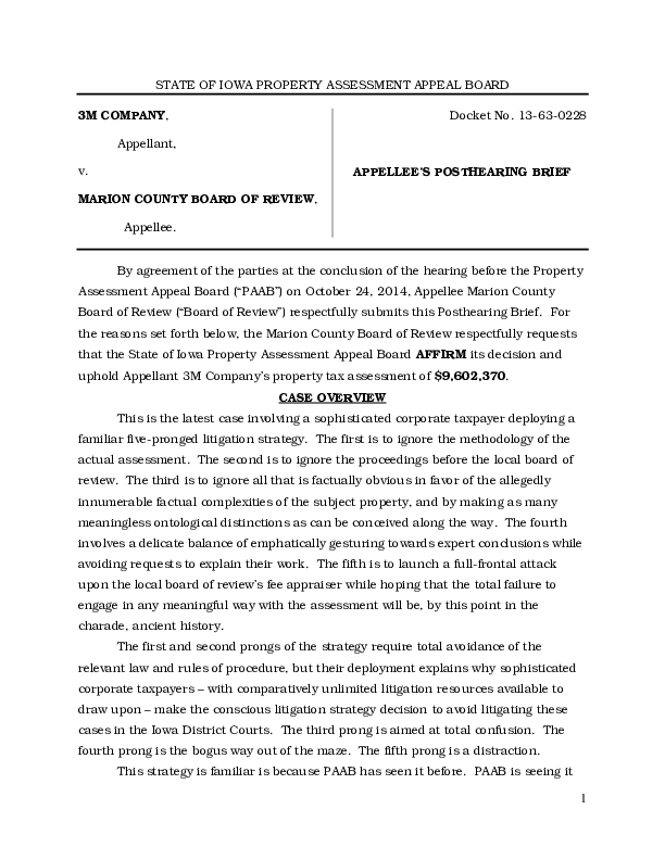 (PDF) 3M v. Marion County Board of Review (Post-Hearing Brief)