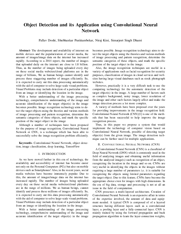 (PDF) Object Detection and its Application using Convolutional Neural ...