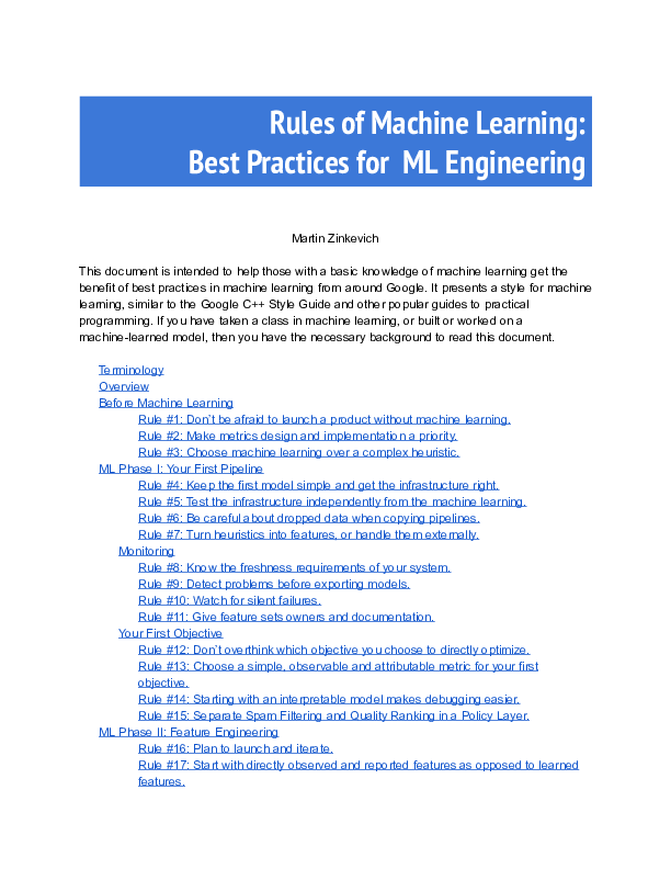 (PDF) Rules of Machine Learning: Best Practices for ML Engineering