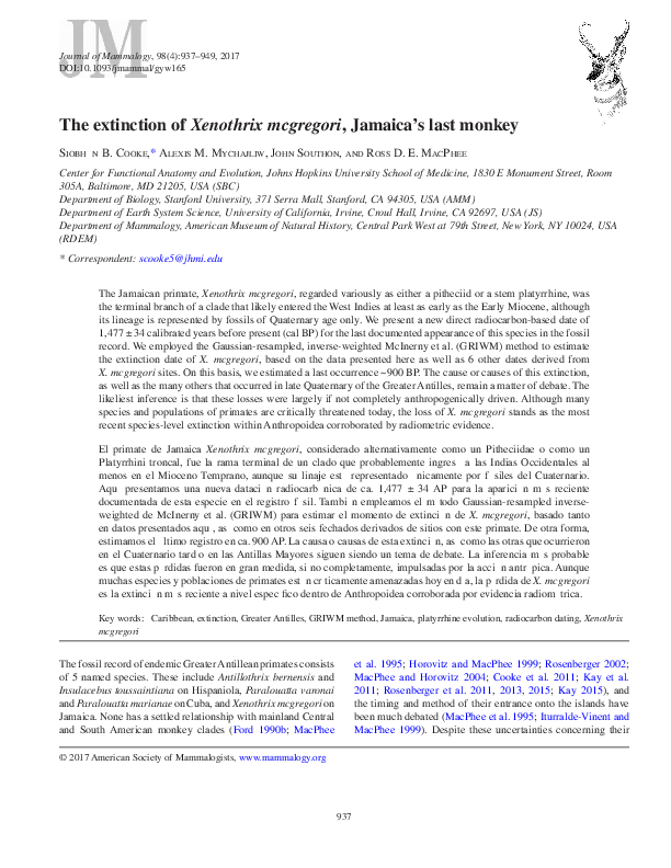 (PDF) The extinction of Xenothrix mcgregori, Jamaica's last monkey