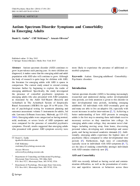 (PDF) ASD Symptoms and Comorbidity in Emerging Adults