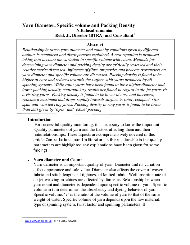 (DOC) Yarn Diameter, Specific volume and Packing Density