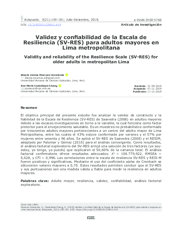 Pdf Validez Y Confiabilidad De La Escala De Resiliencia Sv Res Para