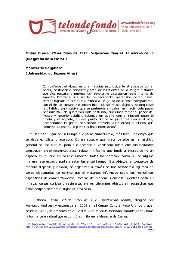(PDF) Museo Ezeiza. Instalación teatral. La escena como (bio)grafía de la Historia | Montserrat ...