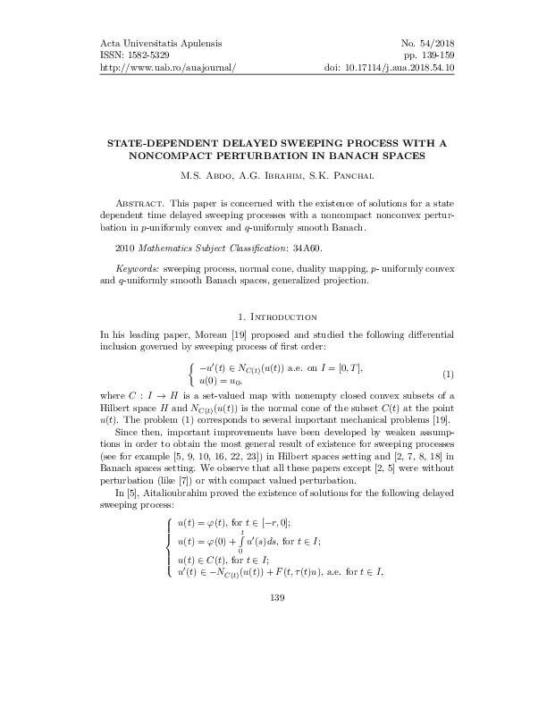 Pdf State Dependent Delayed Sweeping Process With A Noncompact Perturbation In Banach Spaces
