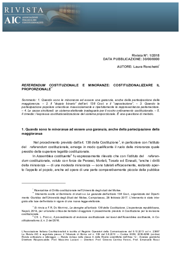 (PDF) REFERENDUM COSTITUZIONALE E MINORANZE: COSTITUZIONALIZZARE IL ...