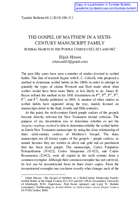 (PDF) The Gospel of Matthew in a Sixth- Century Manuscript Family ...
