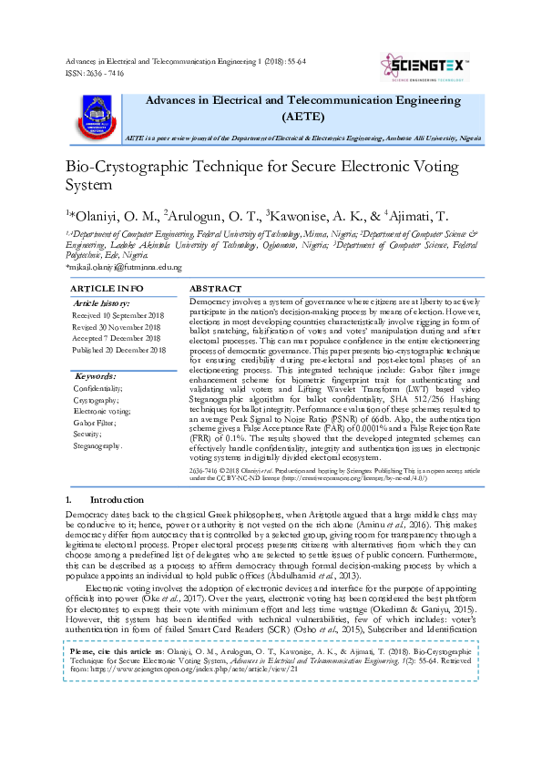 (PDF) Bio-Crystographic Technique for Secure Electronic Voting System