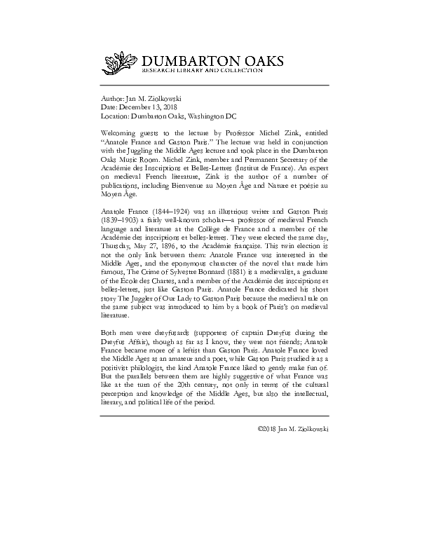 (PDF) Introducing Professor Michel Zink, "Anatole France and Gaston Paris"