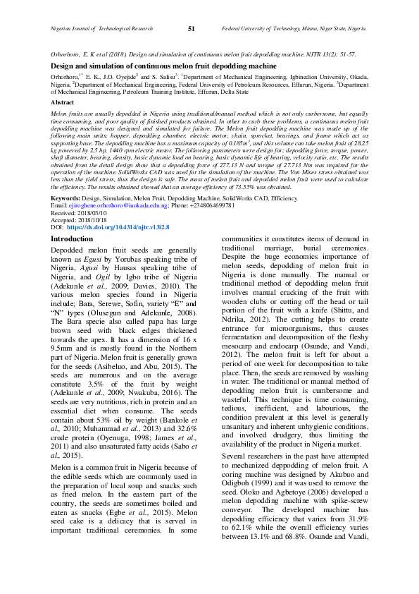 (PDF) Design and simulation of continuous melon fruit depodding machine