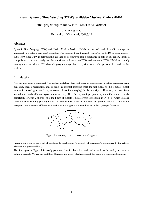 (PDF) From Dynamic Time Warping (DTW) to Hidden Markov Model (HMM)