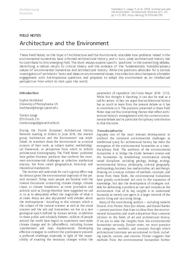 (PDF) Field Notes: Architecture and the Environment