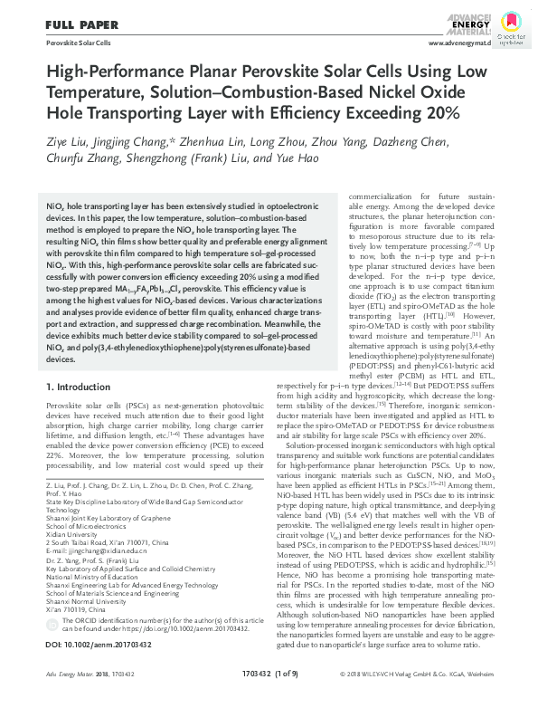 (PDF) High-Performance Planar Perovskite Solar Cells Using Low Temperature, Solution-Combustion ...