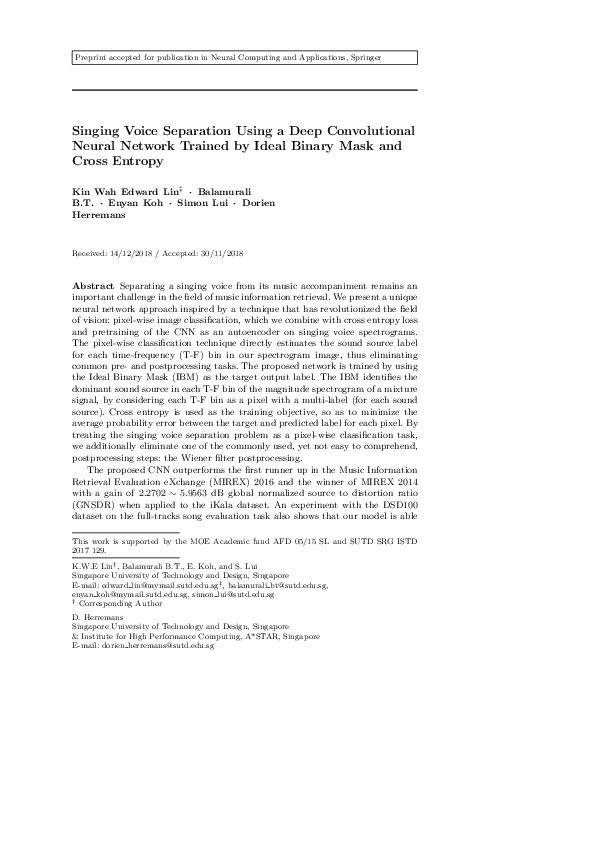Pdf Singing Voice Separation Using A Deep Convolutional Neural Network Trained By Ideal Binary