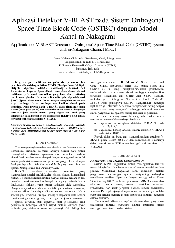 Pdf Aplikasi Detektor V Blast Pada Sistem Orthogonal Space Time Block Code Ostbc Dengan