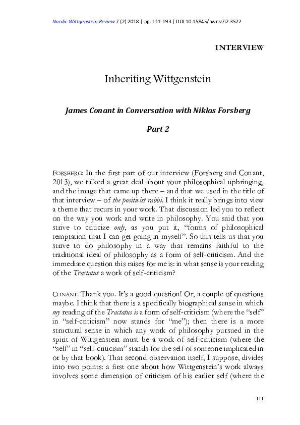 (PDF) Inheriting Wittgenstein James Conant in Conversation with Niklas ...