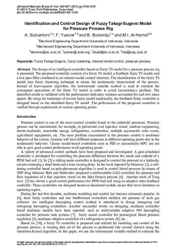 Pdf Identification And Control Design Of Fuzzy Takagi Sugeno Model For Pressure Process Rig