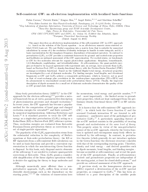 Pdf Self Consistent Gw All Electron Implementation With Localized Basis Functions Angel