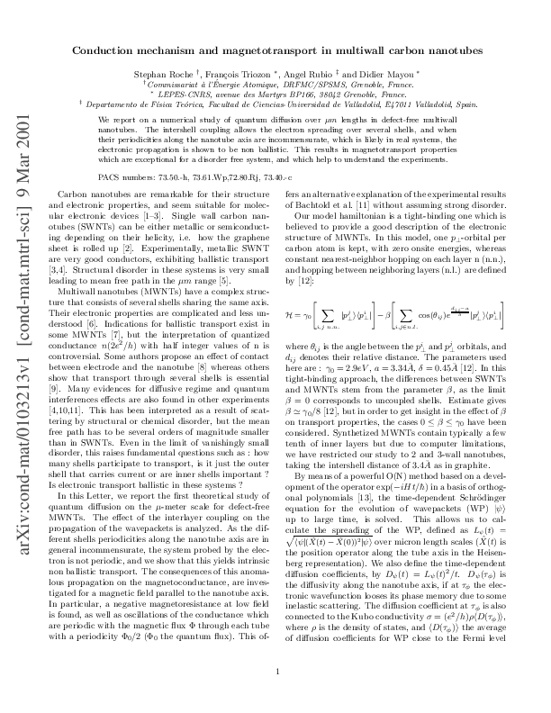 (PDF) Conduction mechanisms and magnetotransport in multiwalled carbon nanotubes