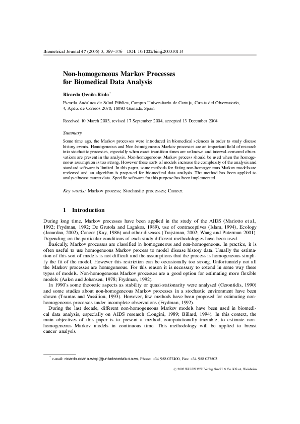 Pdf Non Homogeneous Markov Processes For Biomedical Data Analysis