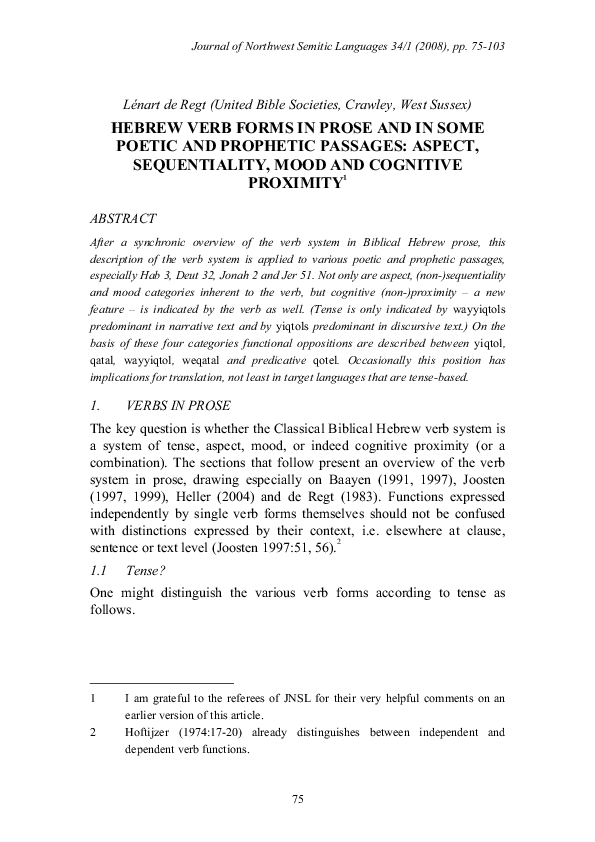 (PDF) Hebrew Verb Forms in Prose and in Some Poetic and Prophetic Passages: Aspect ...