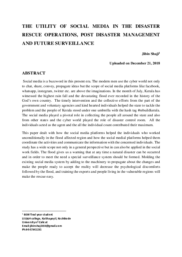 (PDF) THE UTILITY OF SOCIAL MEDIA IN THE DISASTER RESCUE OPERATIONS ...