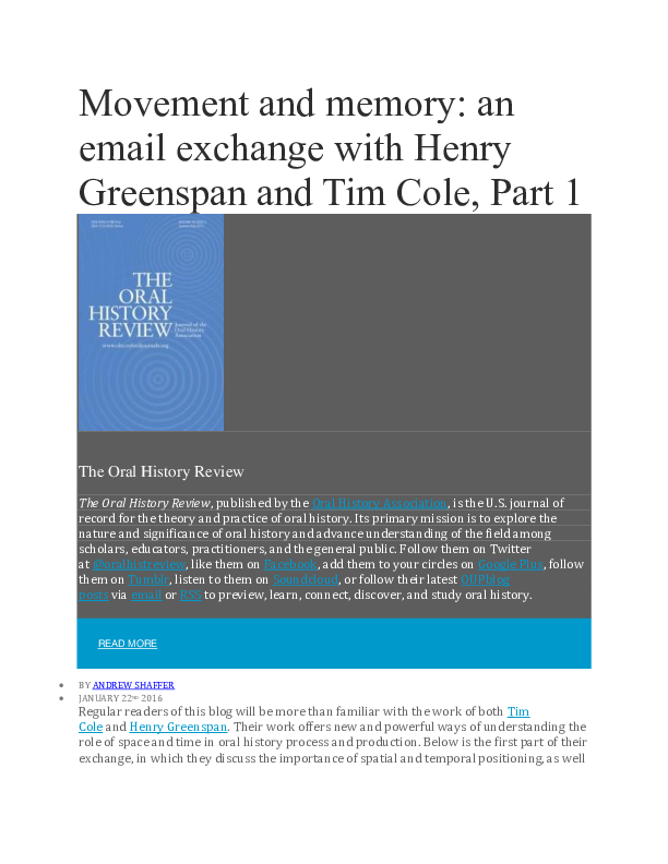 (PDF) Movement and memory: an email exchange with Henry Greenspan and ...