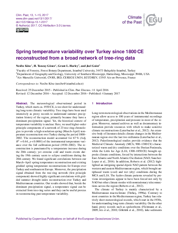 (PDF) Spring temperature variability over Turkey since 1800 CE reconstructed from a broad ...