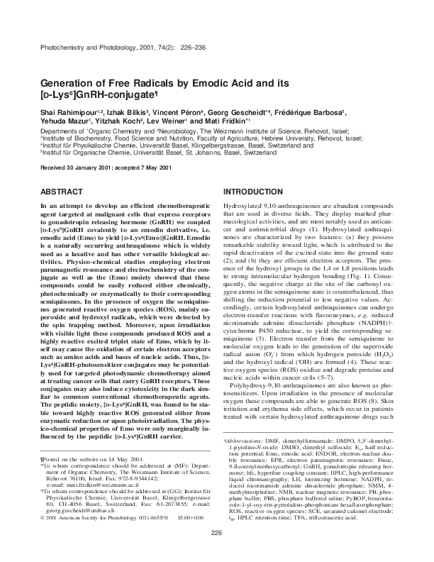 (PDF) Generation of Free Radicals by Emodic Acid and its [d-Lys6]GnRH-conjugate¶