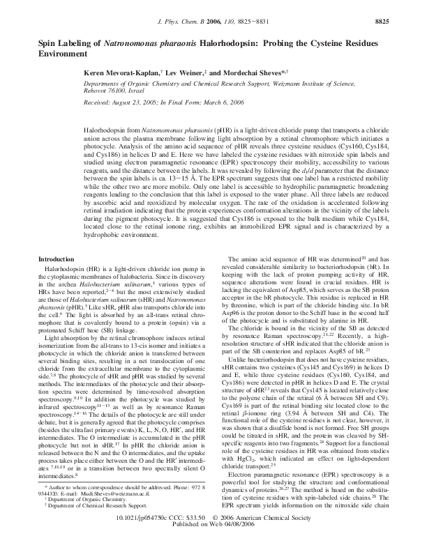 (PDF) Spin Labeling of Natronomonas p haraonis Halorhodopsin: Probing ...
